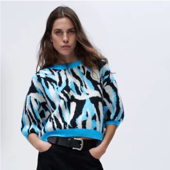 Zara | Sweaters | Zara Zebra Print Blue Sweater | Poshmark